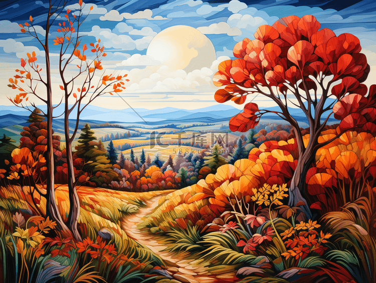水彩画秋天风景秋天场景插画图片-千库网