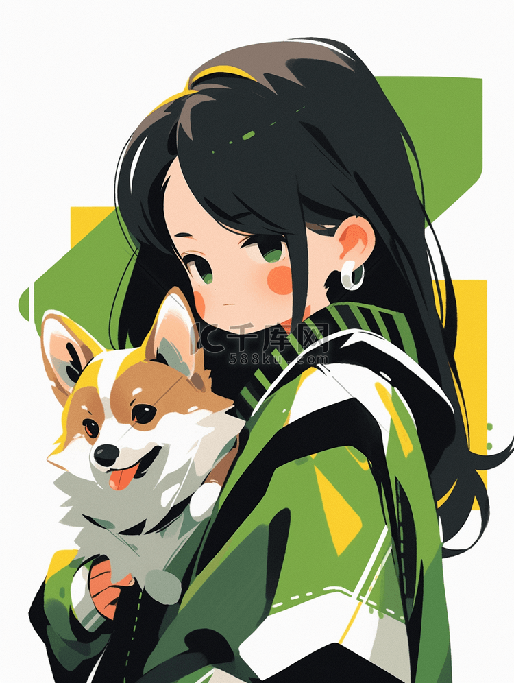 卡通动漫绿衣女孩和柯基犬插画图片-千库网