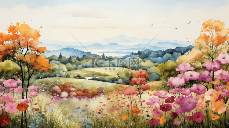 水彩画秋天风景秋天的田野插画图片-千库网