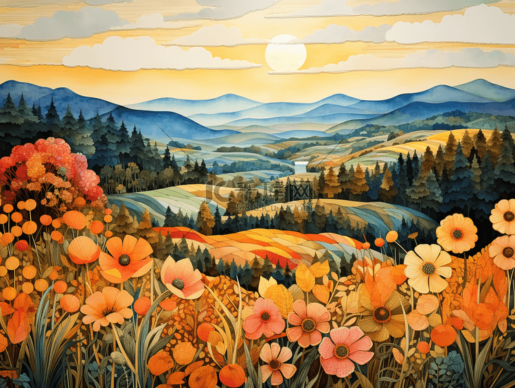 水彩画秋天风景秋天花丛插画图片-千库网