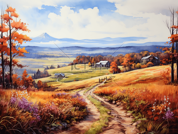 水彩画秋天风景秋天山谷村庄插画图片-千库网