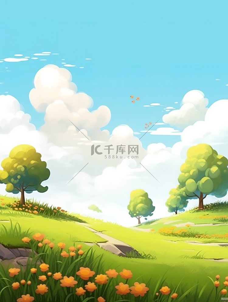 晴朗天空草地房子3D6插画图片-千库网