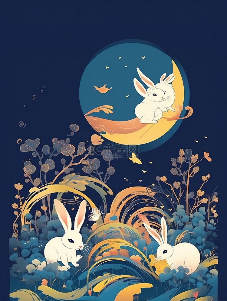 中秋节月亮兔子星空极简3插画图片-千库网