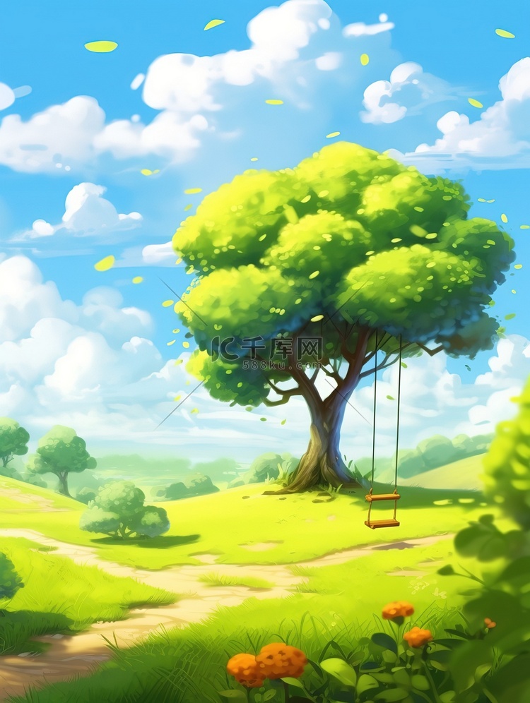 晴朗天空草地房子3D1插画图片-千库网