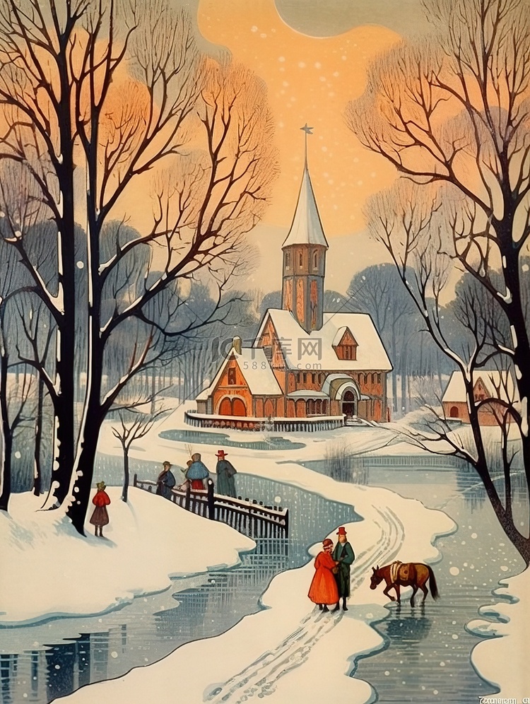 圣诞节冬季大雪场景8插画图片-千库网