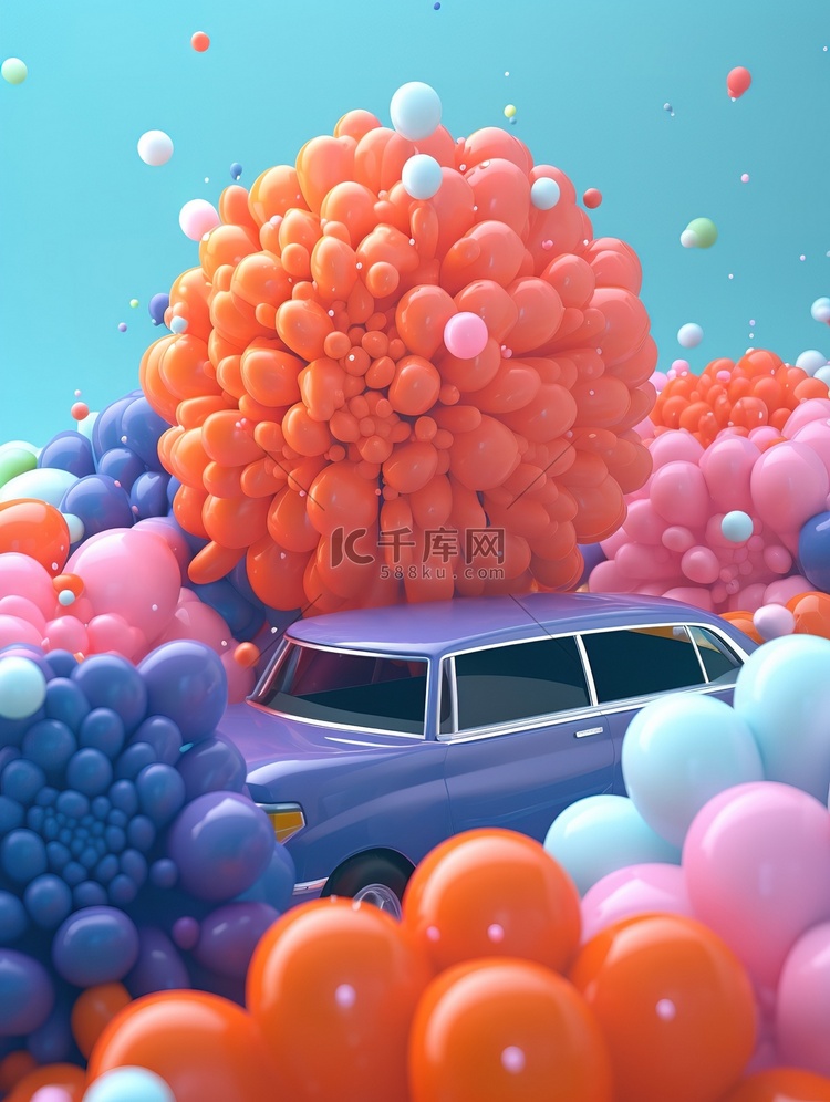 卡通汽车被气球花朵包围3D9插画图片-千库网