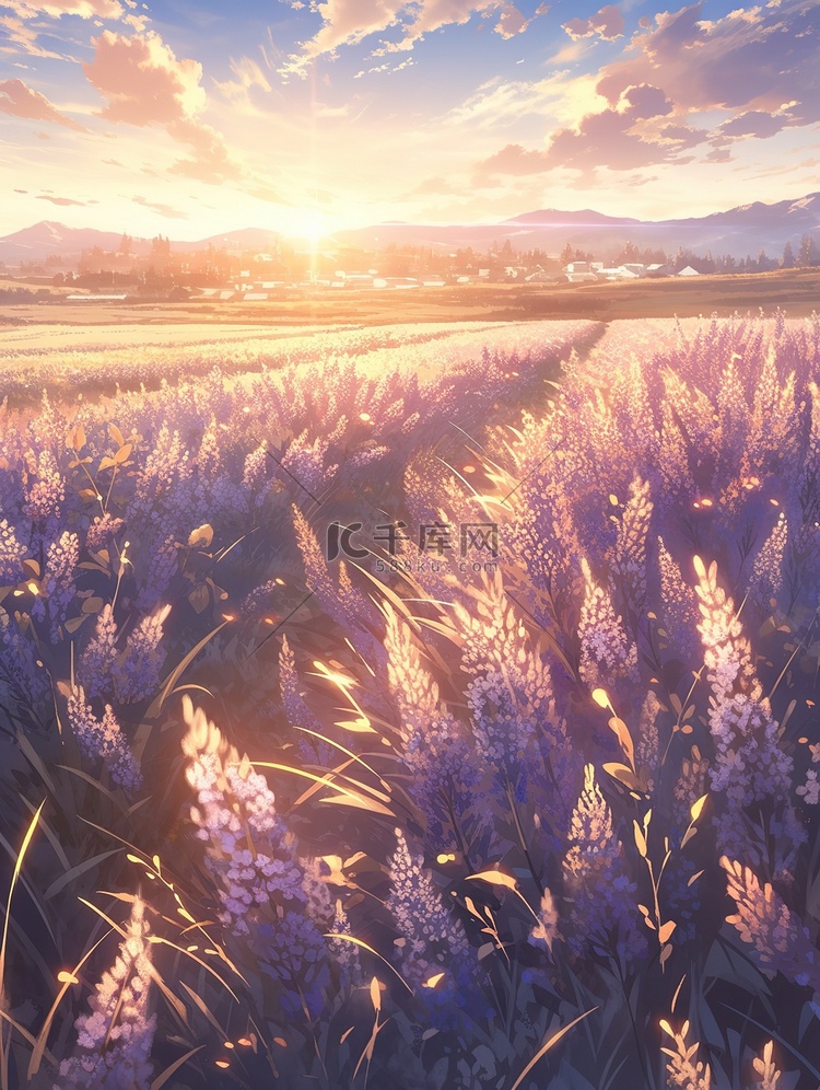 田野里盛开的薰衣草花海11插画图片-千库网
