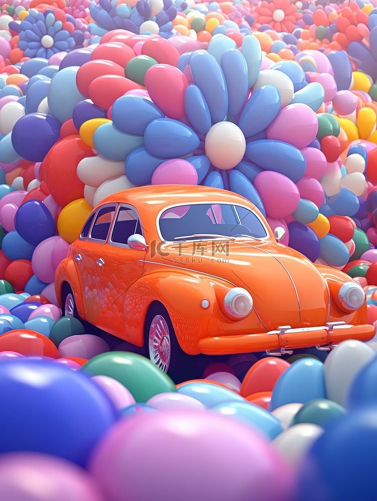 卡通汽车被气球花朵包围3D14插画图片-千库网