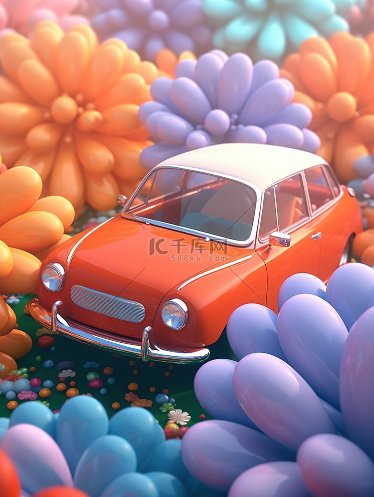 卡通汽车被气球花朵包围3D16插画图片-千库网