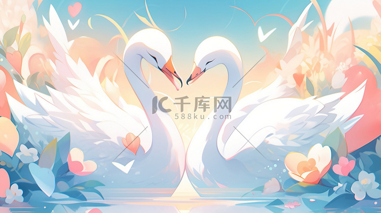 2只可爱的湖上白天鹅2插画图片-千库网