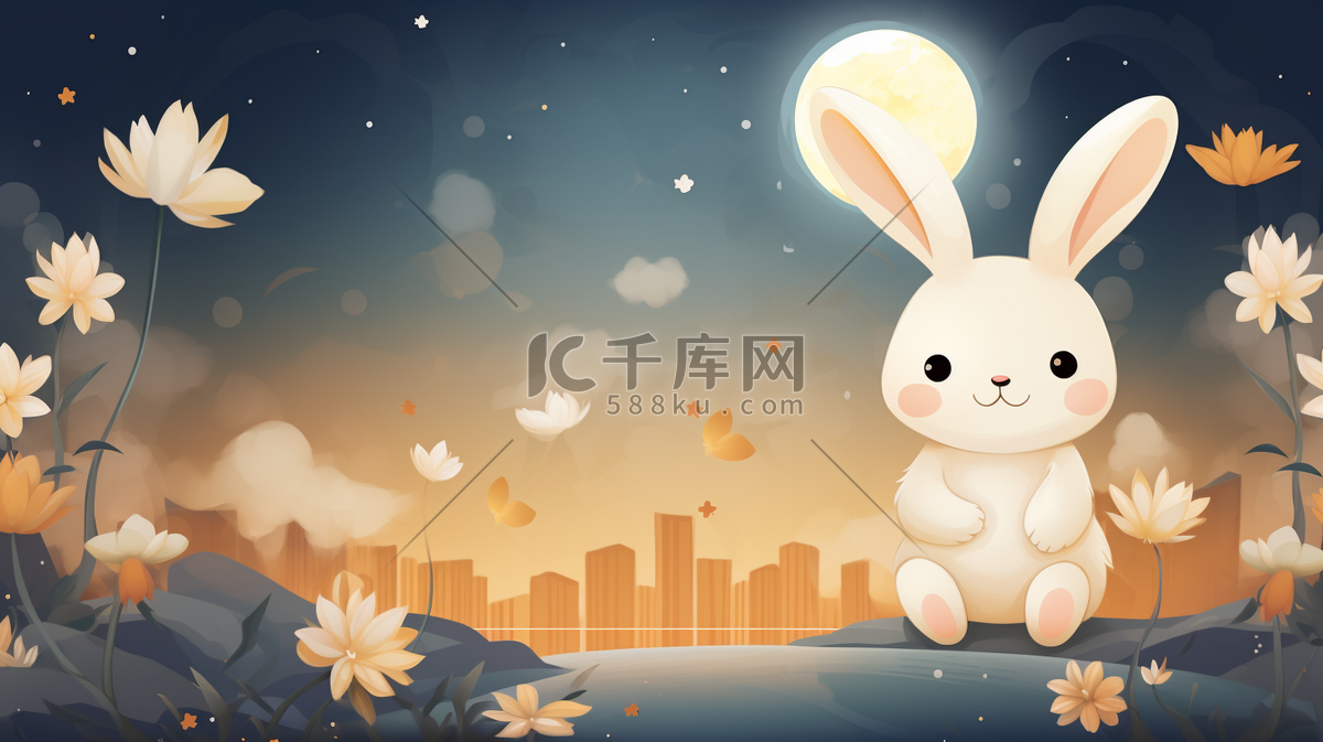 唯美中秋节卡通可爱兔子4插画图片-千库网