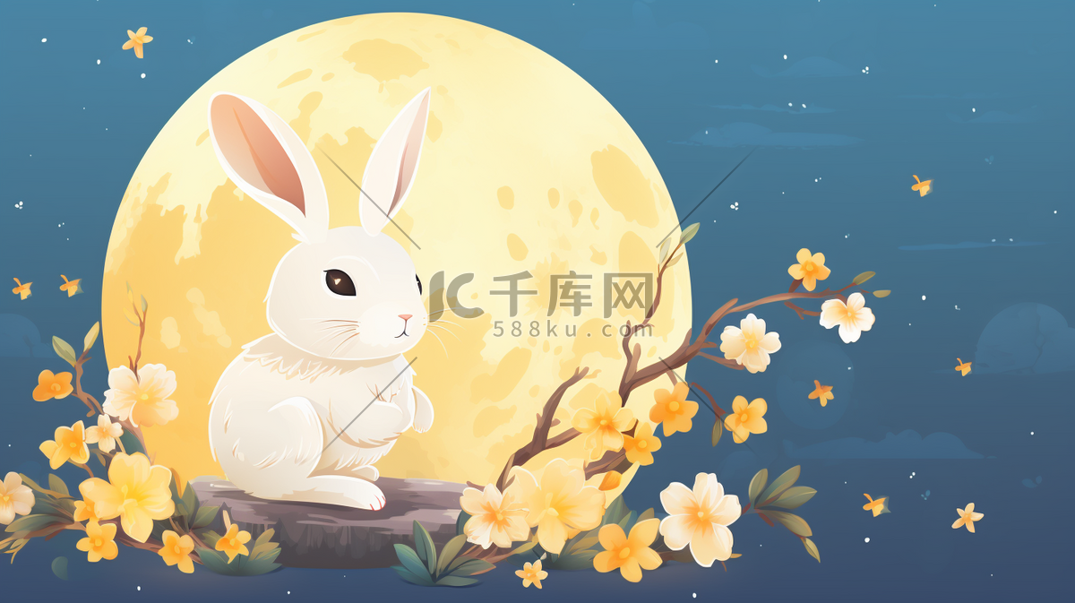唯美月下可爱兔子中秋节卡通26插画图片-千库网