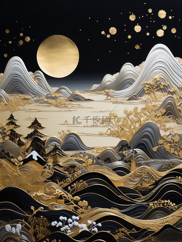 东方绘画金山黑白5插画图片-千库网