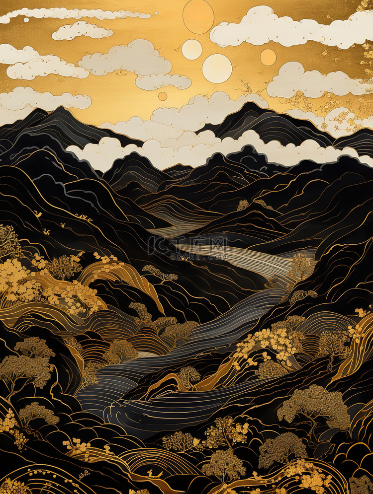 东方绘画金山黑白2插画图片-千库网