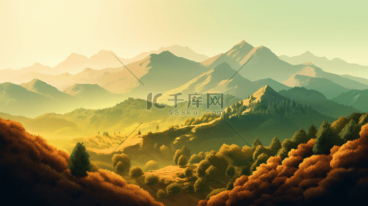 前景中有树木的山脉的景色插画图片-千库网