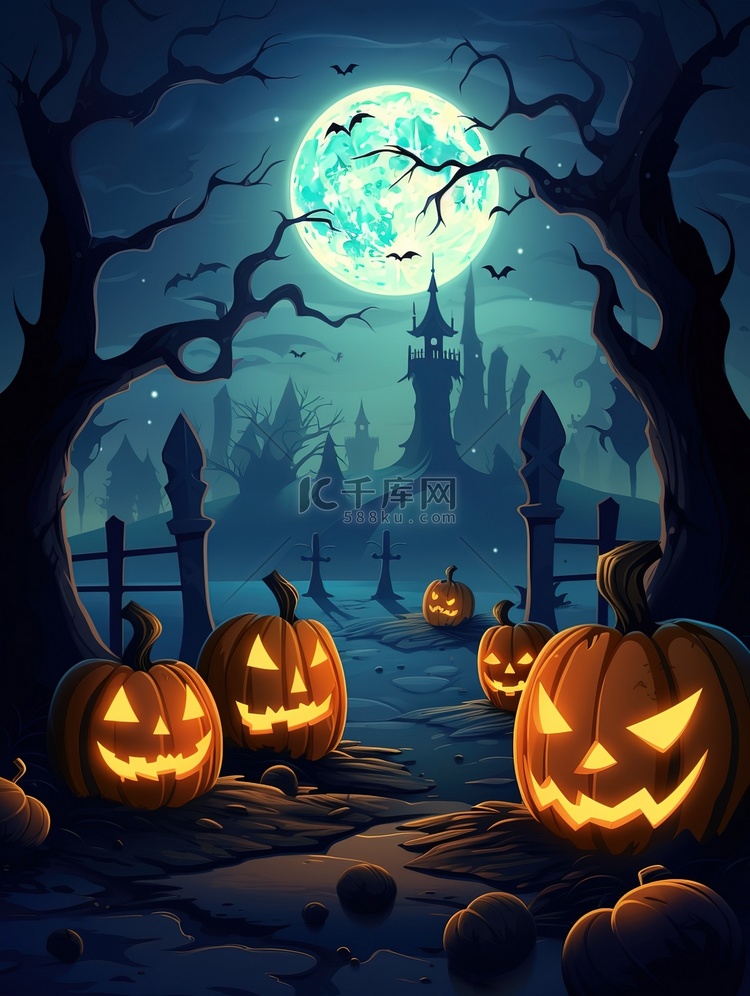 诡异的万圣节南瓜月光城堡1插画图片-千库网