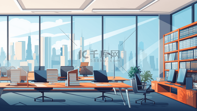 简约落地窗办公室装修效果图6插画图片-千库网