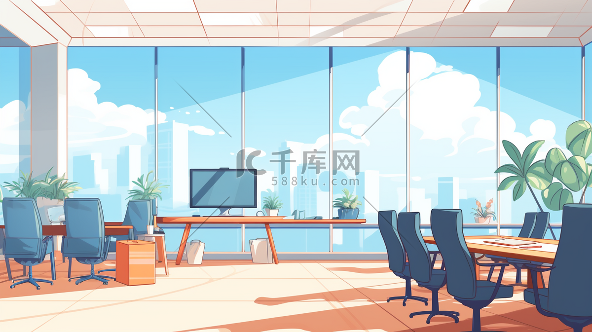 简约落地窗办公室装修效果图10插画图片-千库网