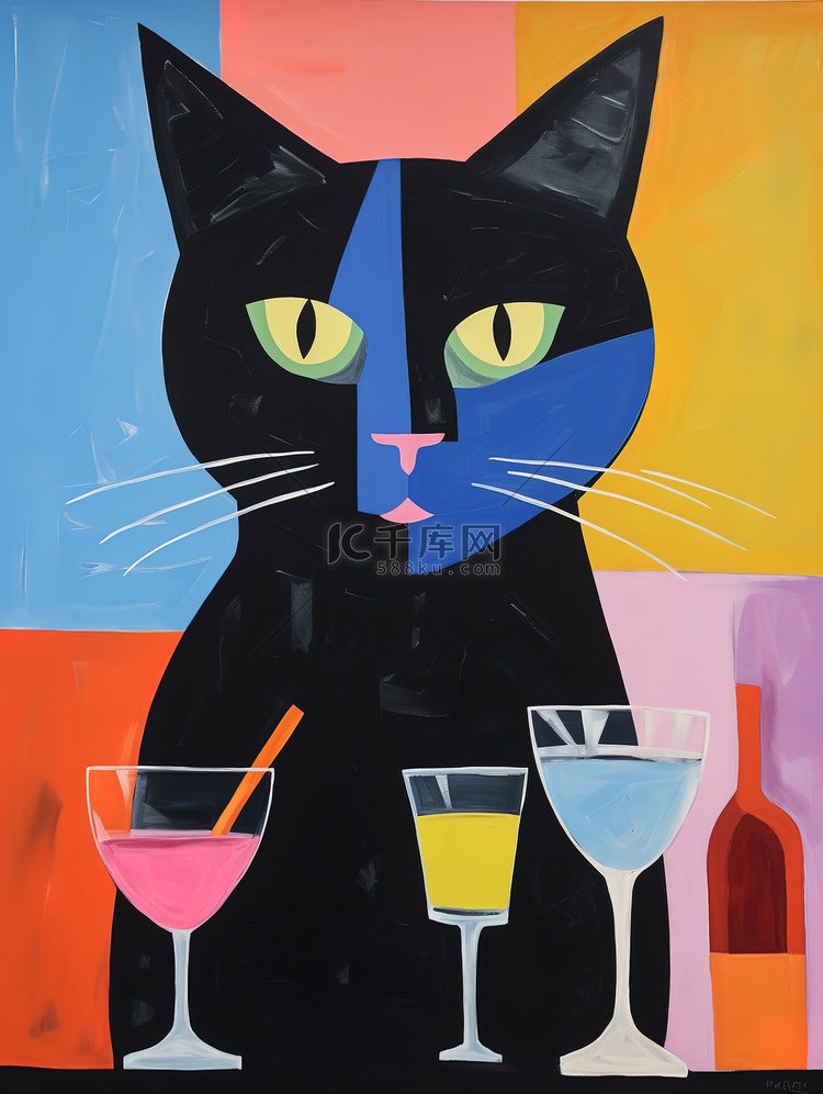 猫与鸡尾酒饮料创意19插画图片-千库网
