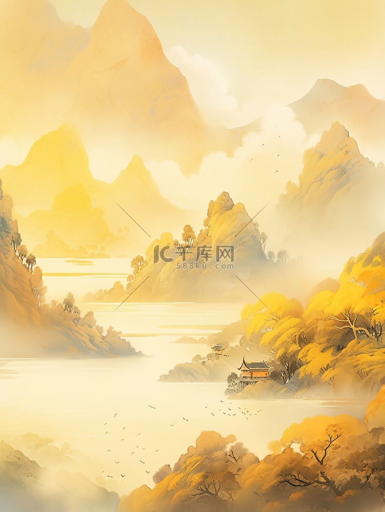 平静的水山景诗意湖光山色东方美学1插画图片-千库网