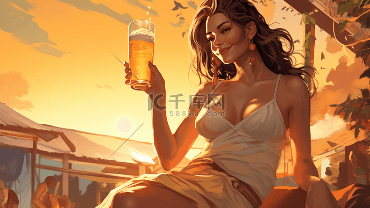 夕阳下喝啤酒的女性插画图片 千库网