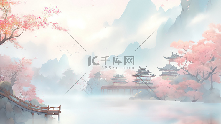 宁静诗意古风桃花古建筑12插画图片-千库网