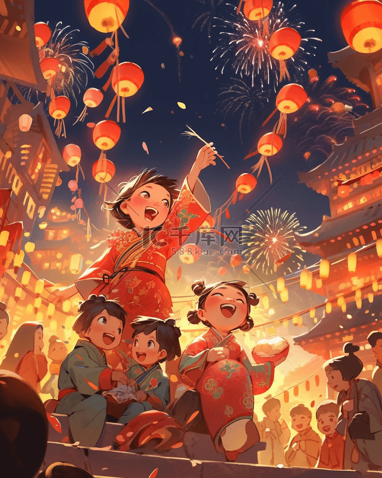 中国风春节元宵节喜庆插画图片-千库网