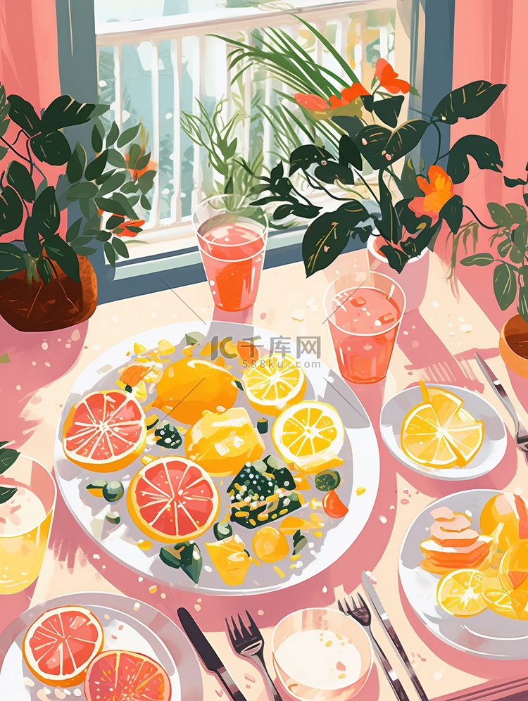 丰盛的午餐晚餐16插画图片-千库网