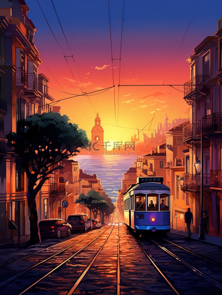 日落城市轻轨列车9插画图片-千库网