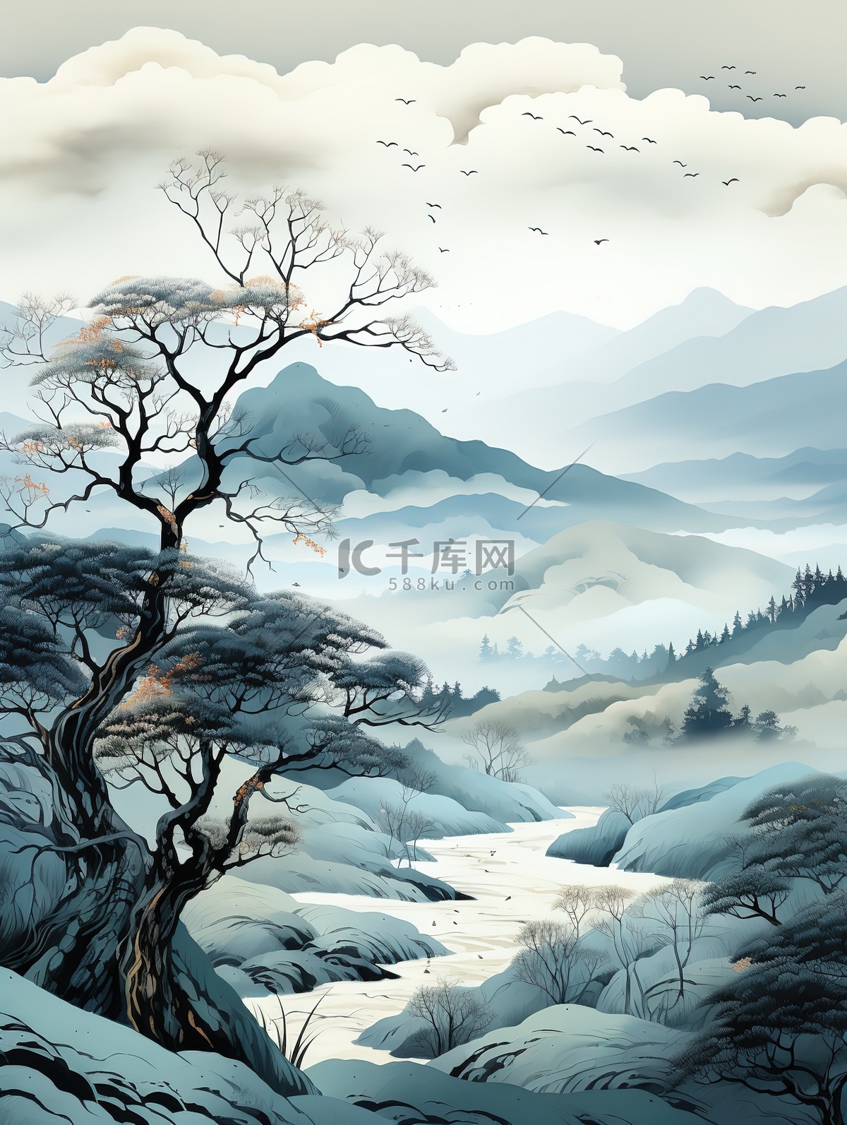 中国风山水画松树高山水彩画18插画图片-千库网