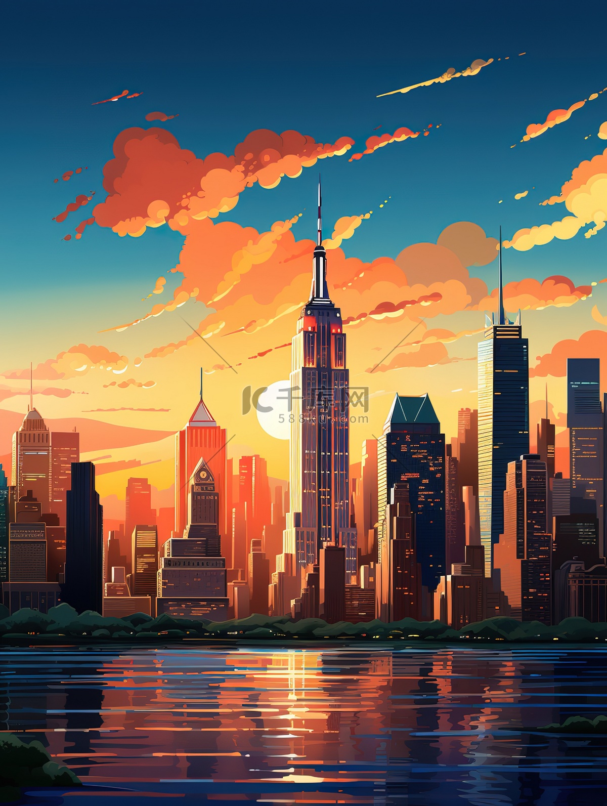 城市美丽的日落黄昏高楼5插画图片-千库网