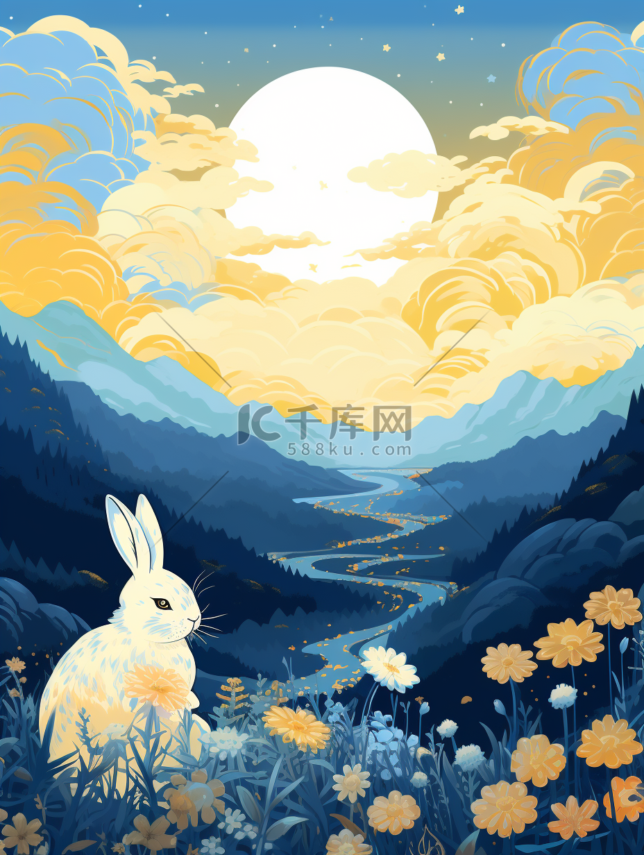 彩色中国风中秋节玉兔赏月25插画图片-千库网