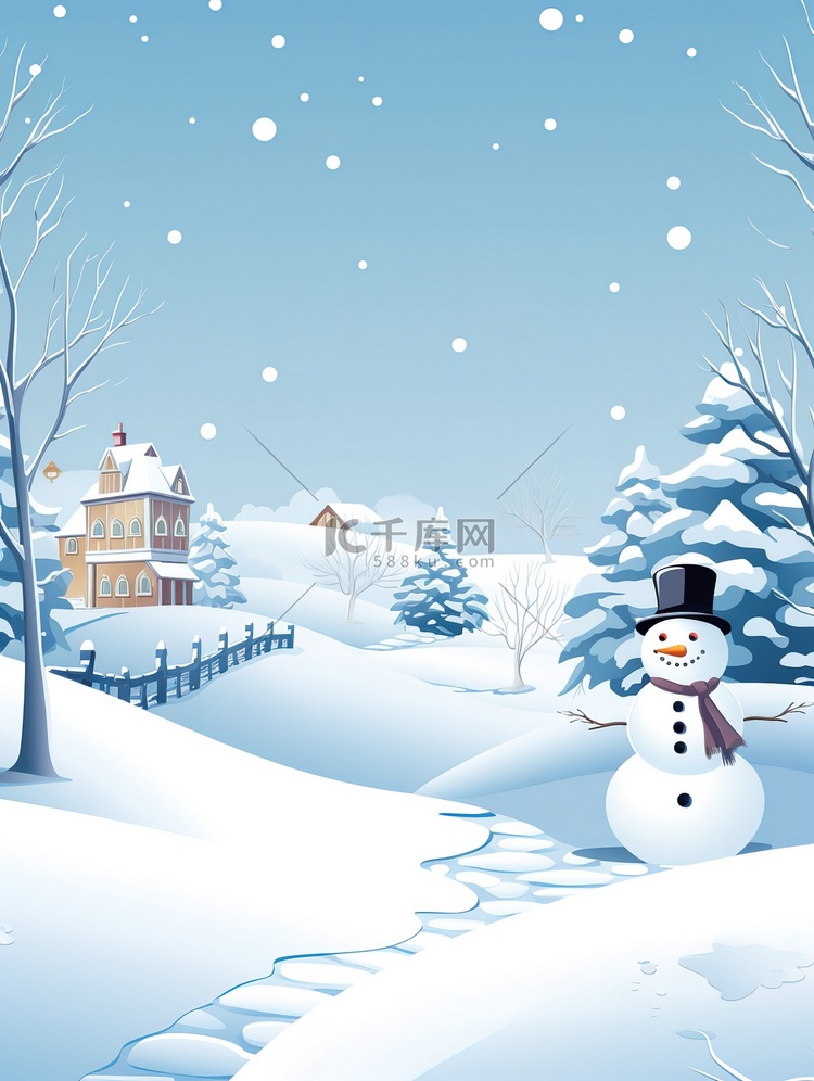 白雪覆盖的屋顶树雪人圣诞景观16插画图片-千库网