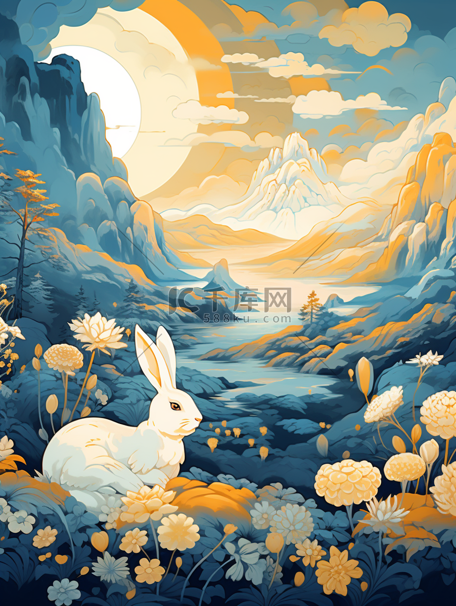 彩色中国风中秋节玉兔赏月7插画图片-千库网