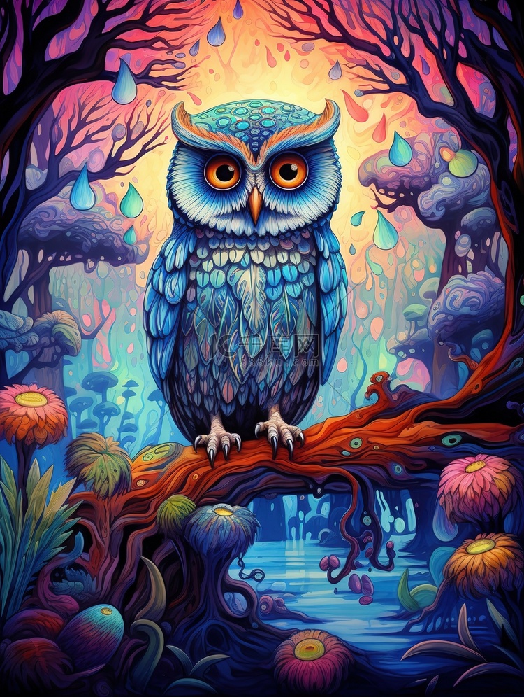 色彩丰富丛林中猫头鹰卡通9插画图片-千库网