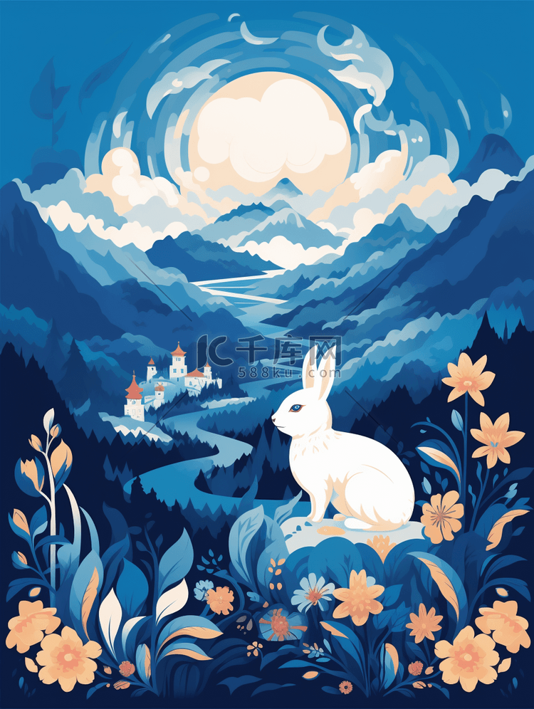 彩色中国风中秋节玉兔赏月11插画图片-千库网