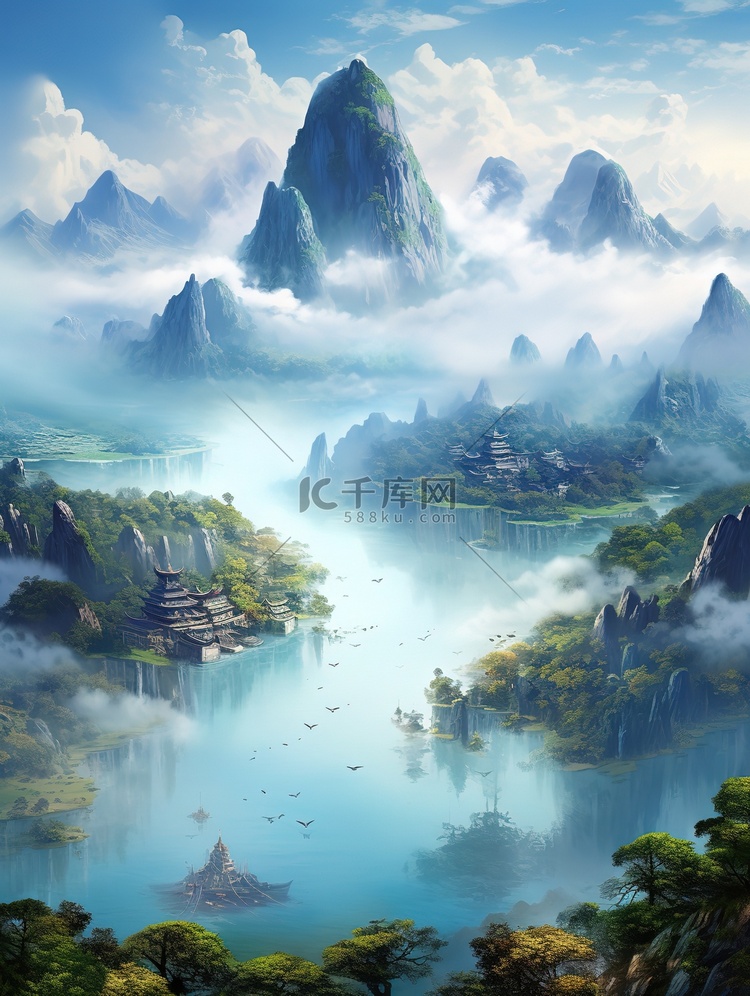 青山绿水云雾中国壮丽风景15插画图片-千库网