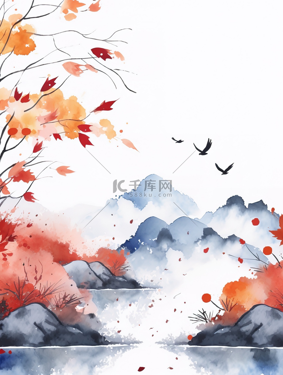 美丽的秋天景色红叶古建筑水彩画12插画图片-千库网