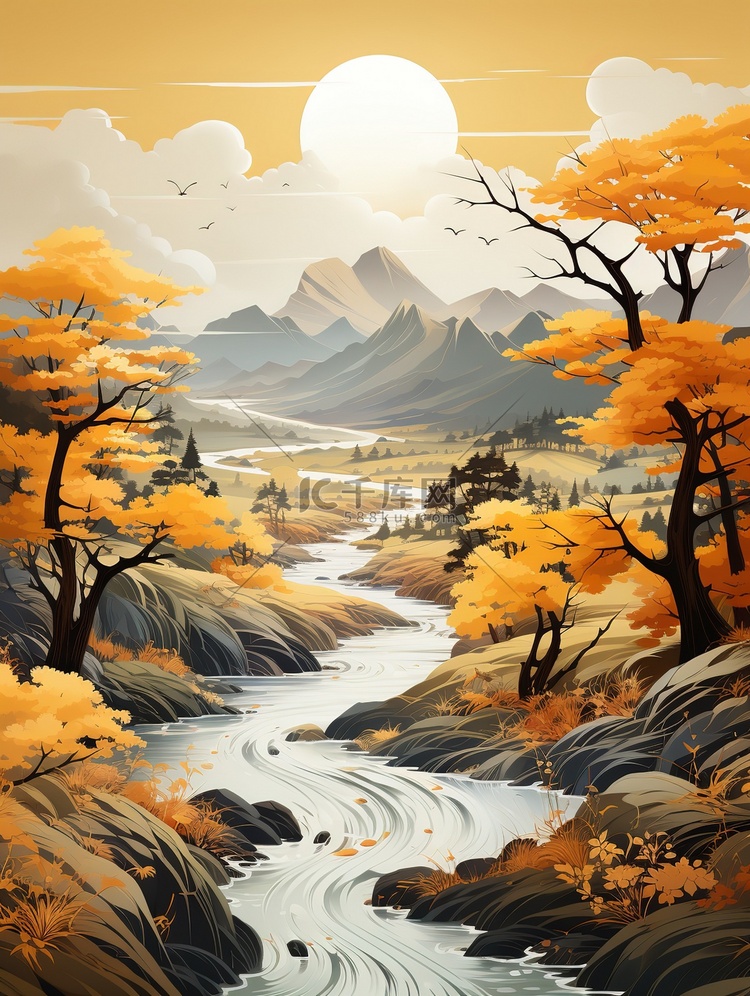 清新的黄色调乡村秋天14插画图片-千库网