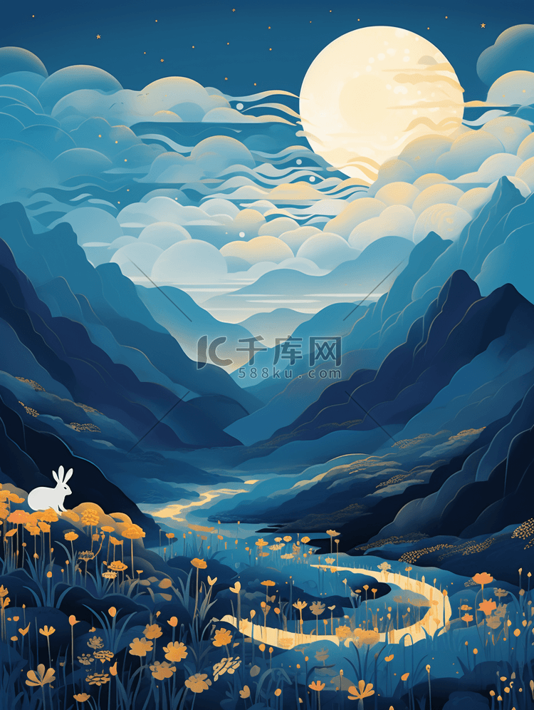 中秋节玉兔赏月27插画图片-千库网