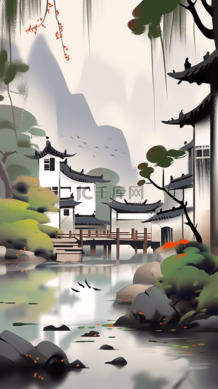 国风水墨江南小镇江南水乡古村风景插画图片-千库网