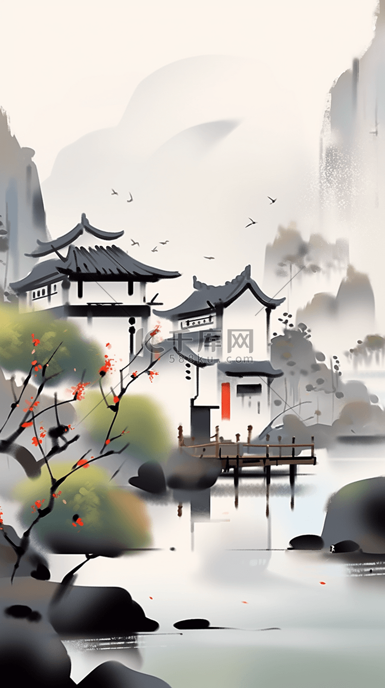 国风水墨江南小镇江南水乡古村风景插画图片-千库网