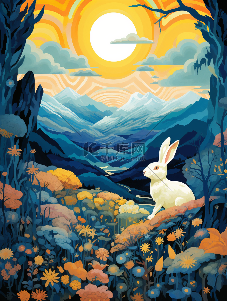 手绘唯美治愈圆月鲜花草地美景6插画图片-千库网
