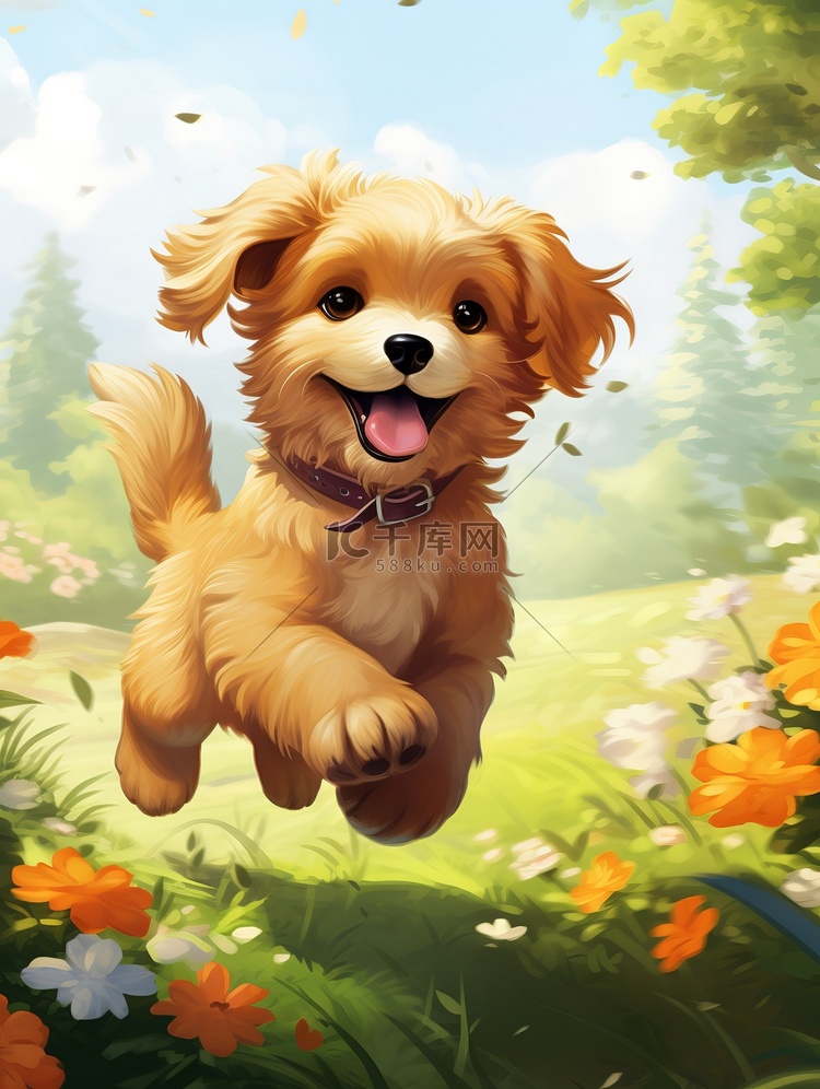可爱的小狗在公园奔跑9插画图片-千库网