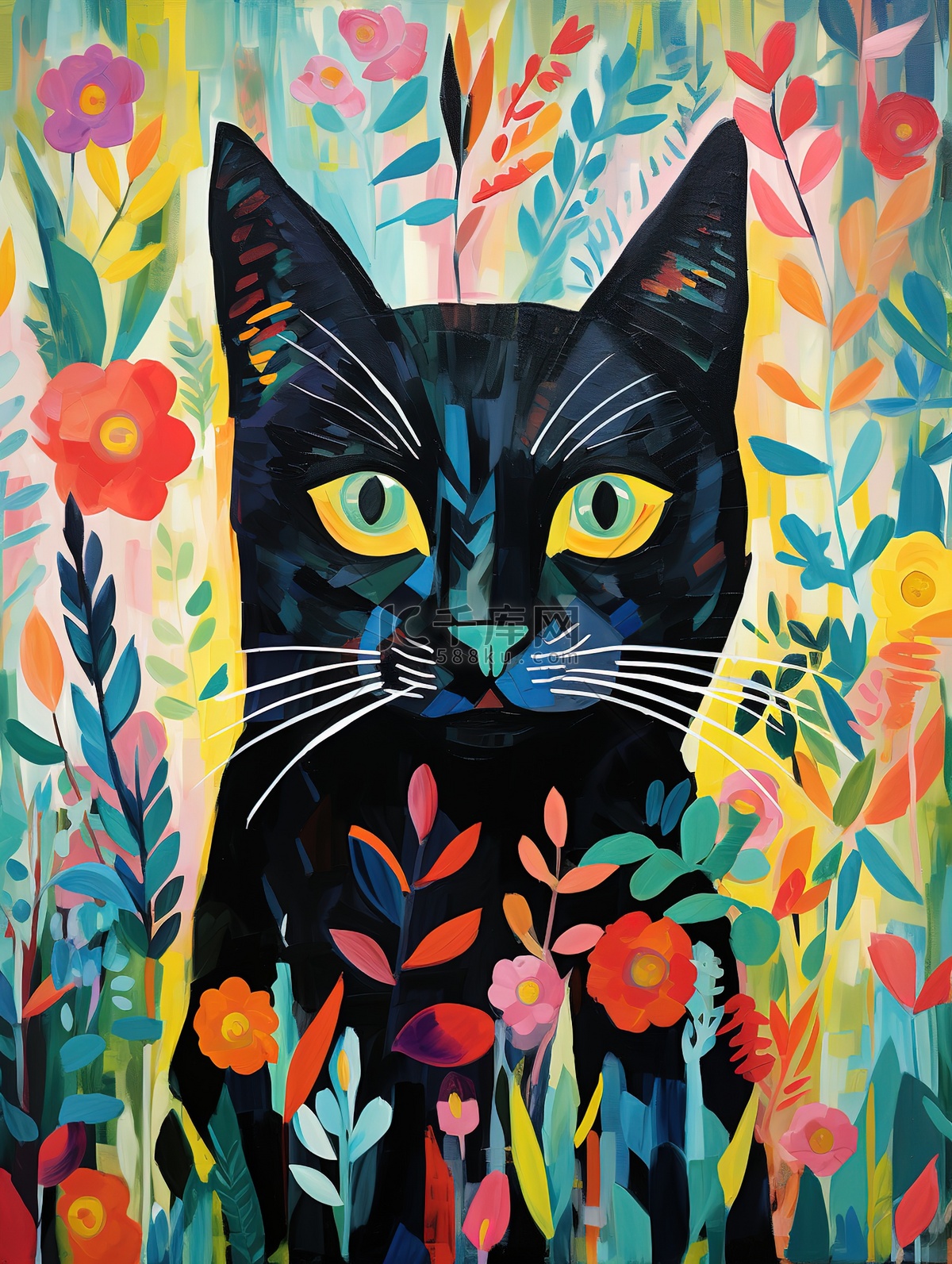 彩色小花可爱的猫咪13插画图片-千库网