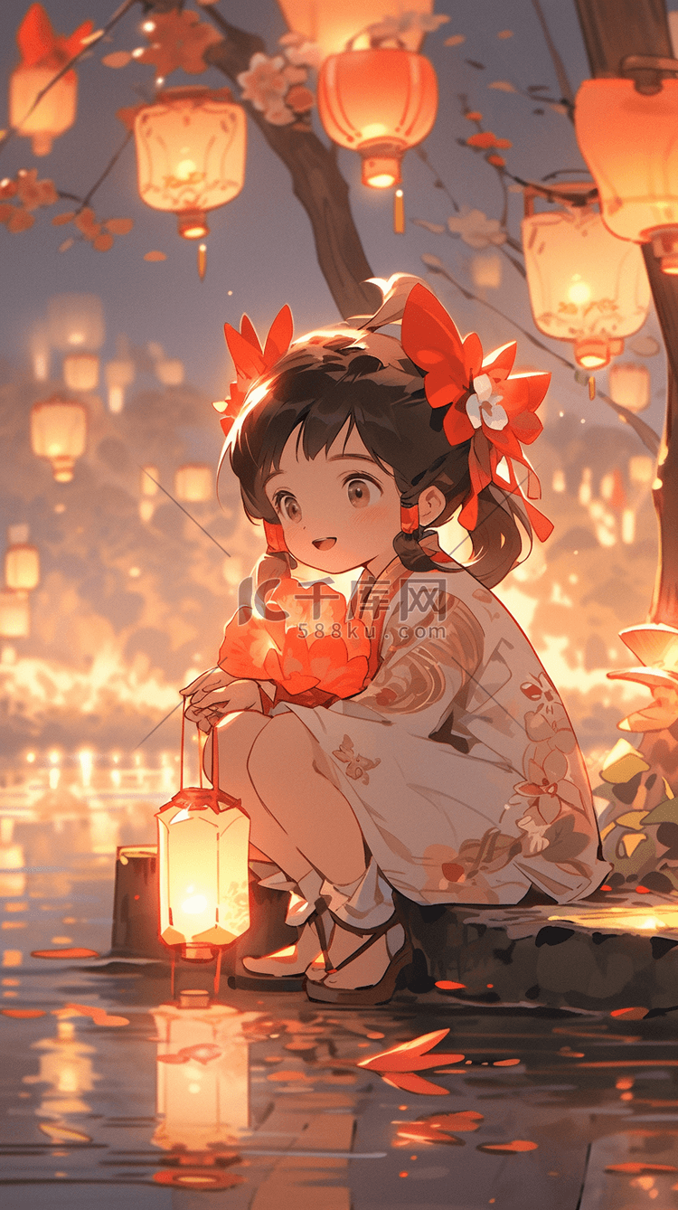 新年放荷花灯的女孩手绘场景插画图片-千库网