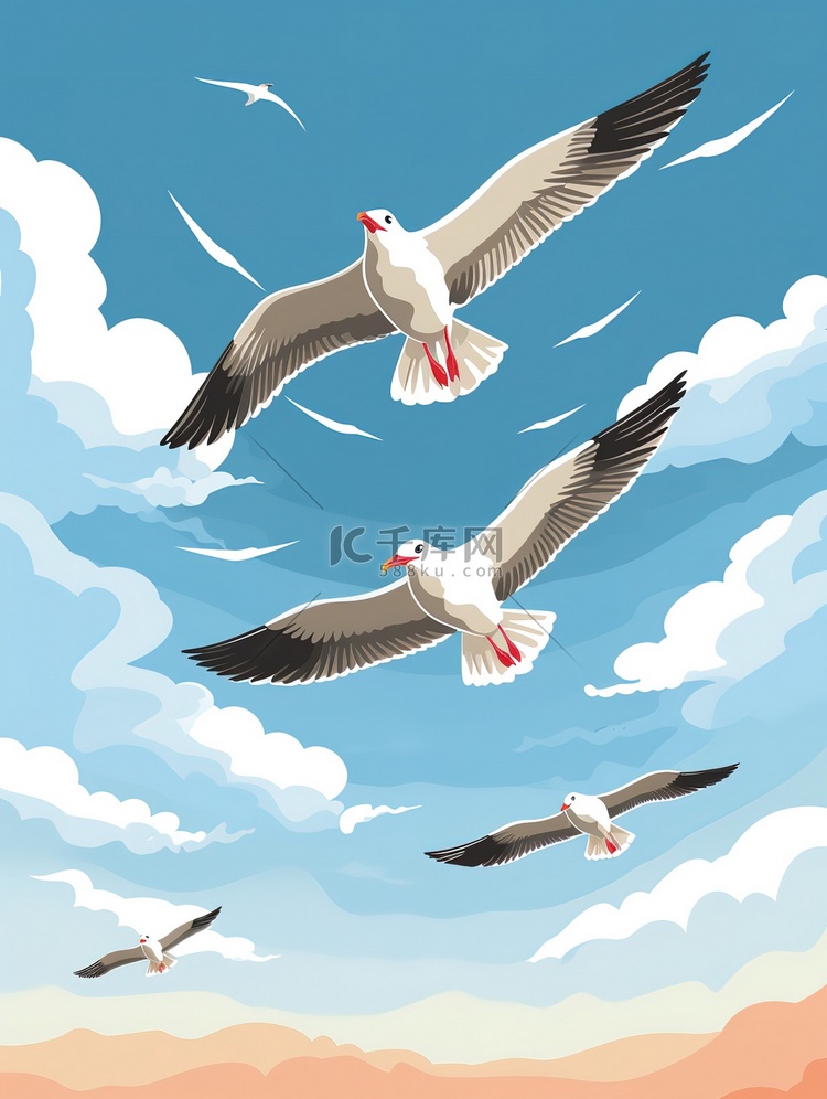 蓝天白云海鸥天空飞翔16插画图片-千库网