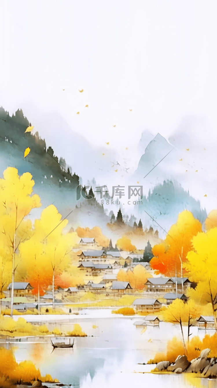 美丽的秋天透明质感水彩秋天插画图片-千库网