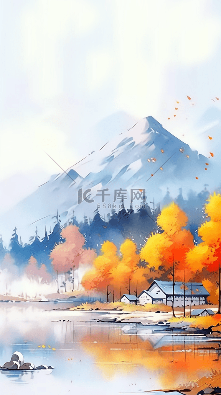 美丽的秋天透明质感水彩秋天插画图片-千库网