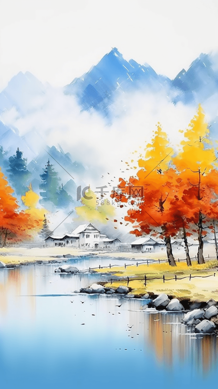 美丽的秋天透明质感水彩秋天1插画图片-千库网